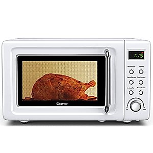 COSTWAY Retro Countertop Microwave Oven, 0.7Cu.ft, 700-Watt, High Energy Efficiency, 5 Micro Power, Delayed Start Function, with Glass Turntable & Viewing Window, LED Display, Child Lock (White)