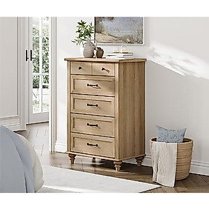 WAMPAT Oak Dresser for Bedroom with 5 Drawers, Tall Kids Dressers with Wide Chest of Drawers, Mid Century Modern Wooden Closet Storage Organizer, Small Dressers for Nursery, Living Room, Hallway