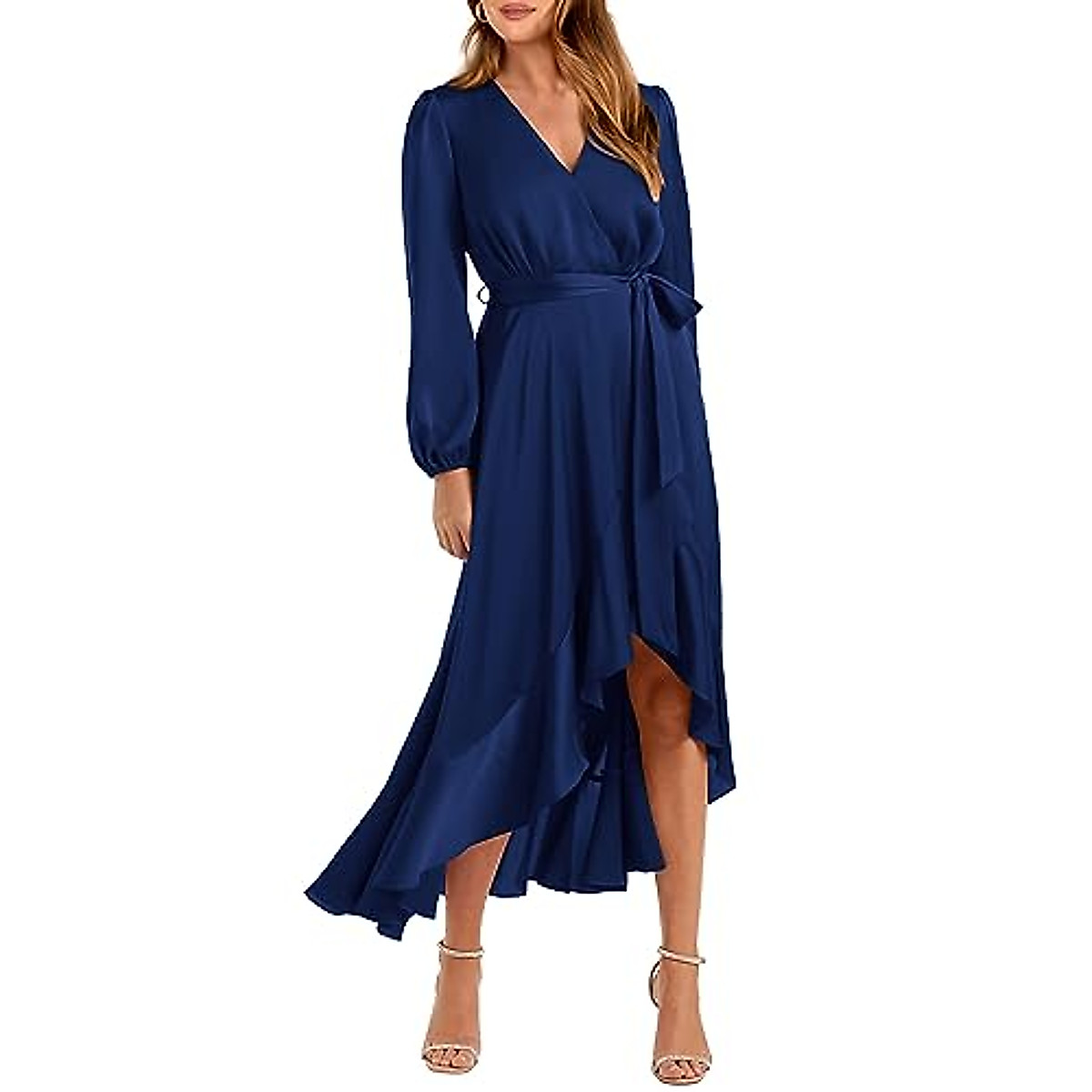 PRETTYGARDEN Women's 2023 Fall Dresses Casual Long Sleeve Wrap V Neck Maxi Dress High Low Wedding Guest Dress Ruffle Hem (Navy,Large)