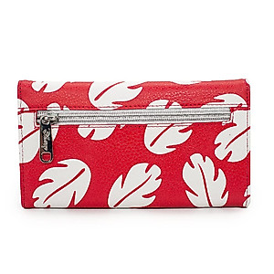 Buckle Down Women's Disney Wallet, Envelope Foldover, Stitch Bounding Lilo Dress Leaves, Red White, Vegan Leather, 8.0" x 4.5"