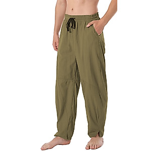 perdontoo Mens Linen Cotton Loose Fit Casual Lightweight Elastic Waist Summer Pants (Medium, Olive)