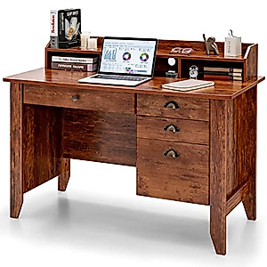 GOFLAME 48” Computer Desk with Hutch, Vintage Home Office Desk with Storage Drawers & Shelves, Space Saving Laptop PC Table, Wooden Study Writing Workstation, Rustic Brown