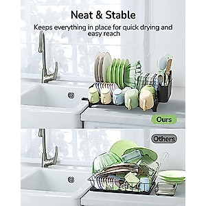ULG Dish Drying Rack with Drainboard, Countertop Dish Rack, Rustproof Dish Drainer for Kitchen Counter, Draining Rack with Detachable Utensil Holder, Adjustable Swivel Spout Dish Strainers, Black