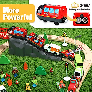 Battery Operated Train Set for Wooden Train Track (w/sound & Magnetic Connection), Powerful Engine Action Locomotive Train Set Fits Brio, Thomas, Chuggington Wooden Tracks, Train Toys for Toddlers 3Y+