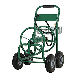 Hose Reel Hold Up To 300 Ft Heavy Duty Garden Hose Reel Sturdy Water Hose Reel Cart with 4 Wheels Storage Basket for Garden Lawn Yard Outdoor (Green)