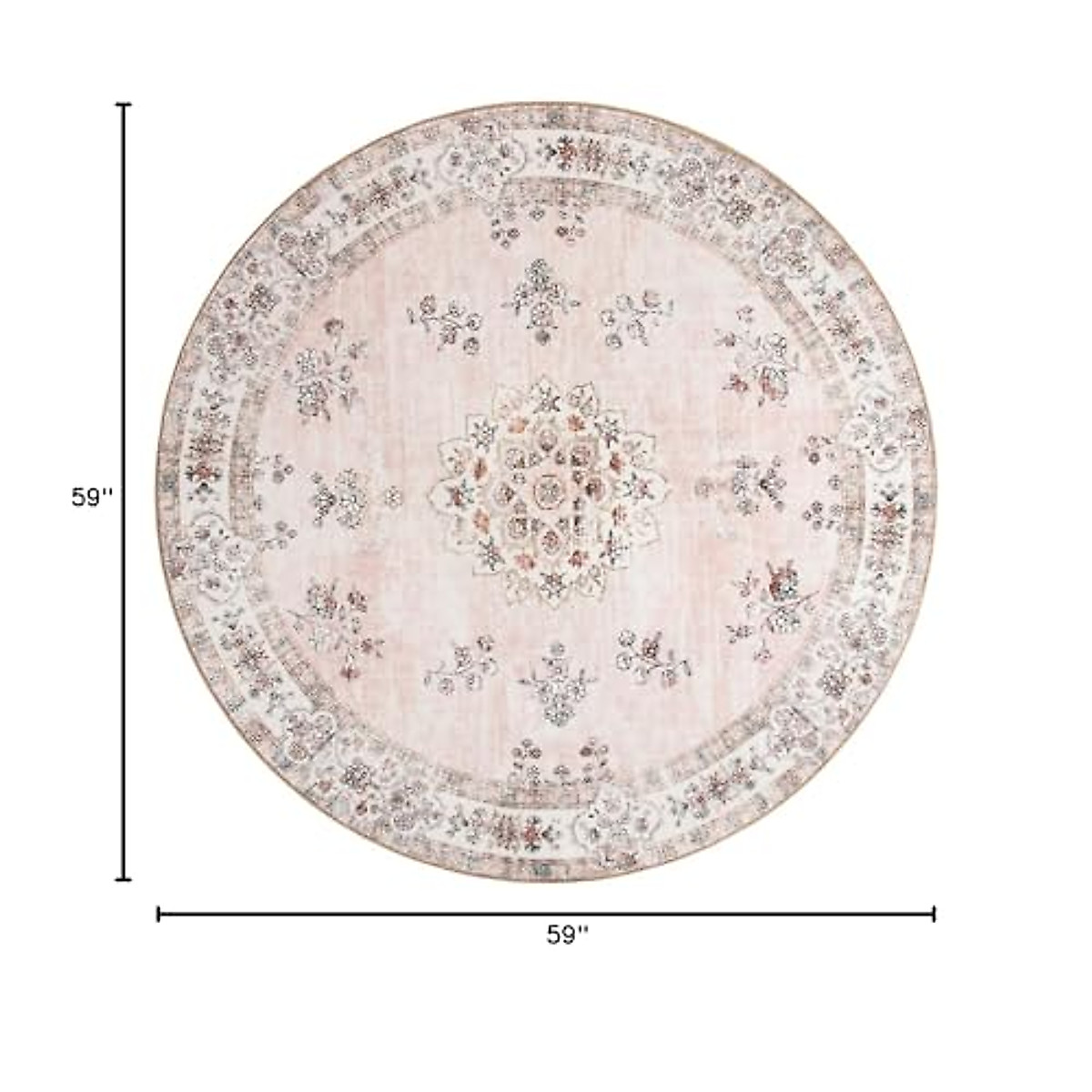 Lahome Machine Washable Round Rug 5Ft, Soft Boho Pink Round Area Rugs for Nursery and Girls Bedroom, Pastel Floral Ultra-Thin Non-Slip Circle Carpet for Living Room Indoor Floor Home Office Decor