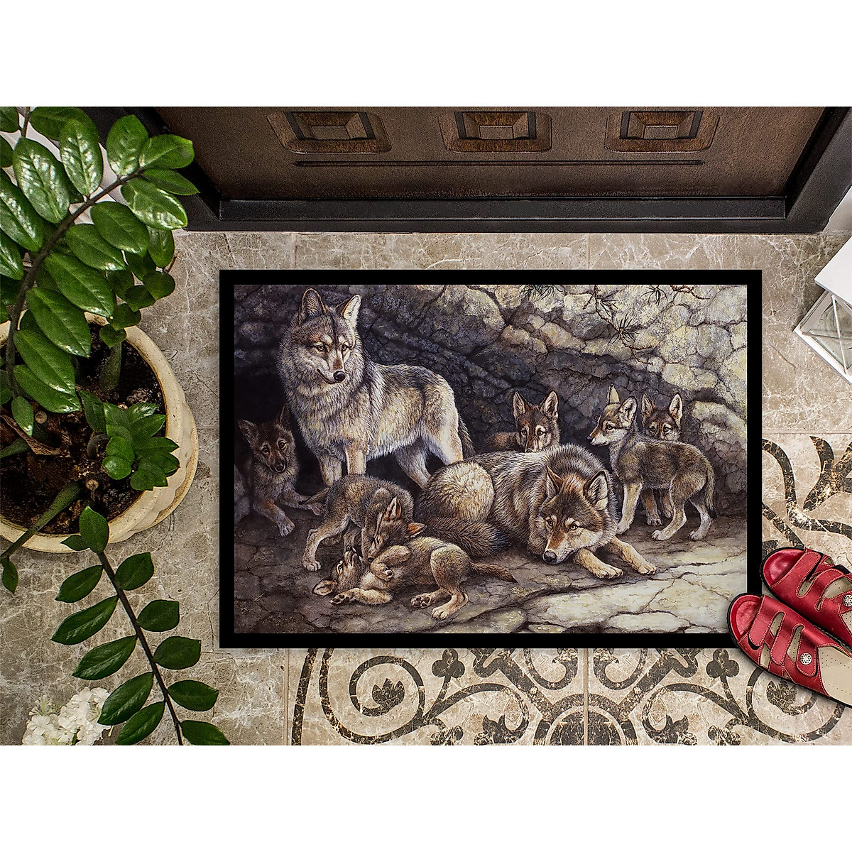 Caroline's Treasures BDBA0157MAT Wolf Wolves by The Den Doormat 18x27 Front Door Mat Indoor Outdoor Rugs for Entryway, Non Slip Washable Low Pile, 18H X 27W