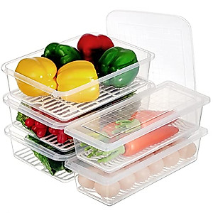 Frcctre Set of 5 Fridge Produce Saver Food Storage Containers Stackable Refrigerator Organizer Bins with Removable Drain Plate and Lid to Keep Produce Fruits Vegetables Meat Egg Fish, 2 Sizes