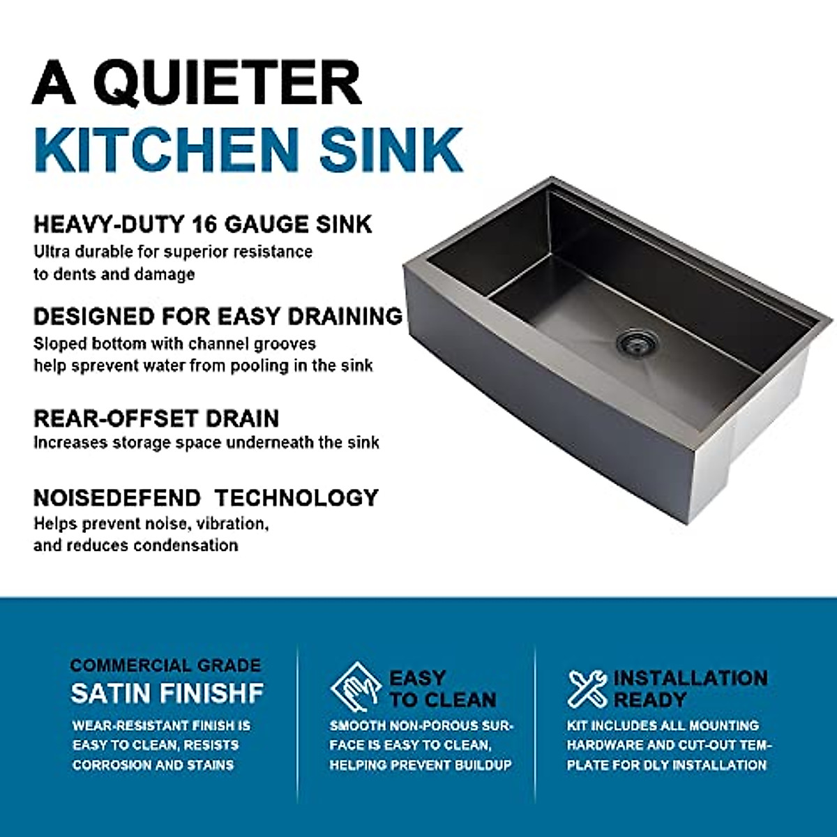 PEPO Workstation Apron-Front Kitchen Sink 36 Inch Gunmetal Black Farmhouse Undermount Sink, 16 Gauge 10 inch Deep Single Bowl Farm Sink with Accessories Kit