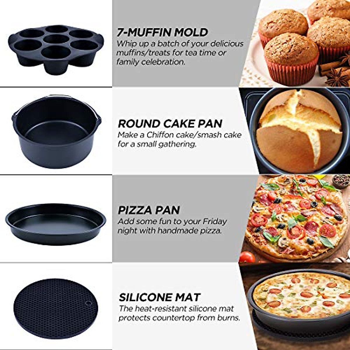 Air Fryer Accessories, Set of 12 Fit for 5.3Qt and Larger Air Fryer with Cake & Pizza Pan, Metal Holder, Skewer Rack & Skewers, etc, Nonstick Coating, Dishwasher Safe