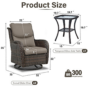 Artfurniz Outdoor Swivel Rocker Patio Chairs with 5" Thick Cushion - 3 Piece Wicker Bistro Set with Side Table, High Back Comfty Outdoor Glider Chairs for Balcony, Porch, Deck, Poolside - Brown/Gray