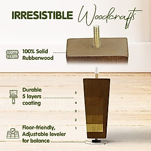 Yes4All 6 Inches Square Wood Furniture Legs Set of 4 - Wooden Replacement Feet for Couch, Bed, Bench - Adjustable Sofa, Ottomans Tapered Leg with Leveler - Brown Rubber Wood Parts for Table, Chair