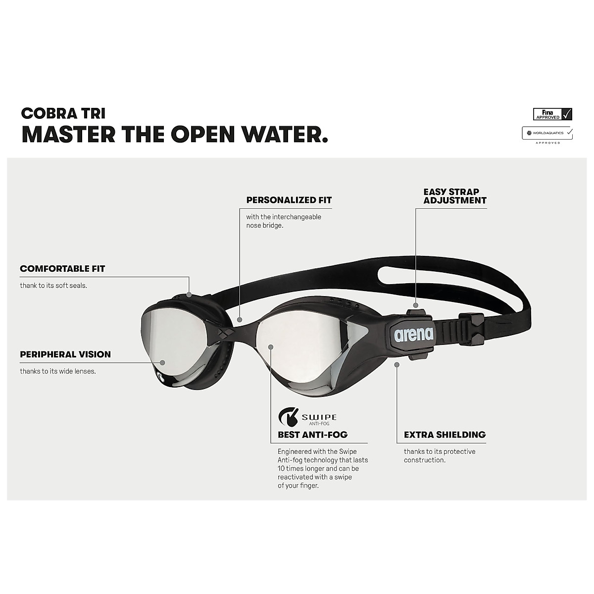 ARENA Unisex Adult Cobra Tri Swimming Goggles for Triathlon and Fitness Swipe Anti-Fog Wide Vision Mirror Lens, Yellow Copper/Army