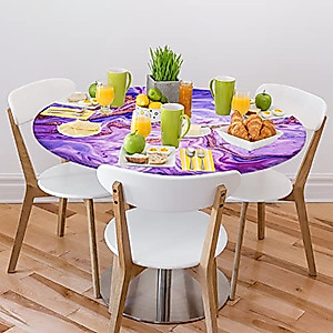 Purple Marble Fitted Tablecloth, Abstract Cute Elastic Edge Round Tablecloth Cover Fit Table 36-42 Inch Diameter, Waterproof Stain Resistant Polyester Tablecloth for Kitchen Dining Picnic Party