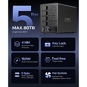 ORICO 5 Bay Hard Drive Enclosure Tray-Less Aluminum 3.5" External HDD Enclosure Build-in 80mm Cooling Fan and 150W Power Supply Max Up to 80TB (5 x 16TB), Designed with Safety Lock-9558U3