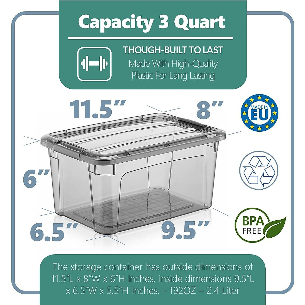 Tribello 6 Quart Storage Containers with Lids, Plastic Storage Bins with Latching Lids For Organizing - Tinted - (11.5’ x 8” x 6”) - Set of 4 - Made in EU