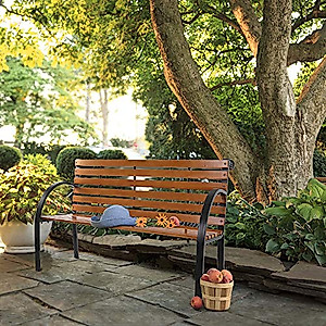 YYAO Garden Bench Love Seat Outdoor Patio Bench Metal Bench Park Bench with Backrest & Armrests,Hardwood Patio Furniture Bench for Porch Work Entryway Yard Lawn,Brown