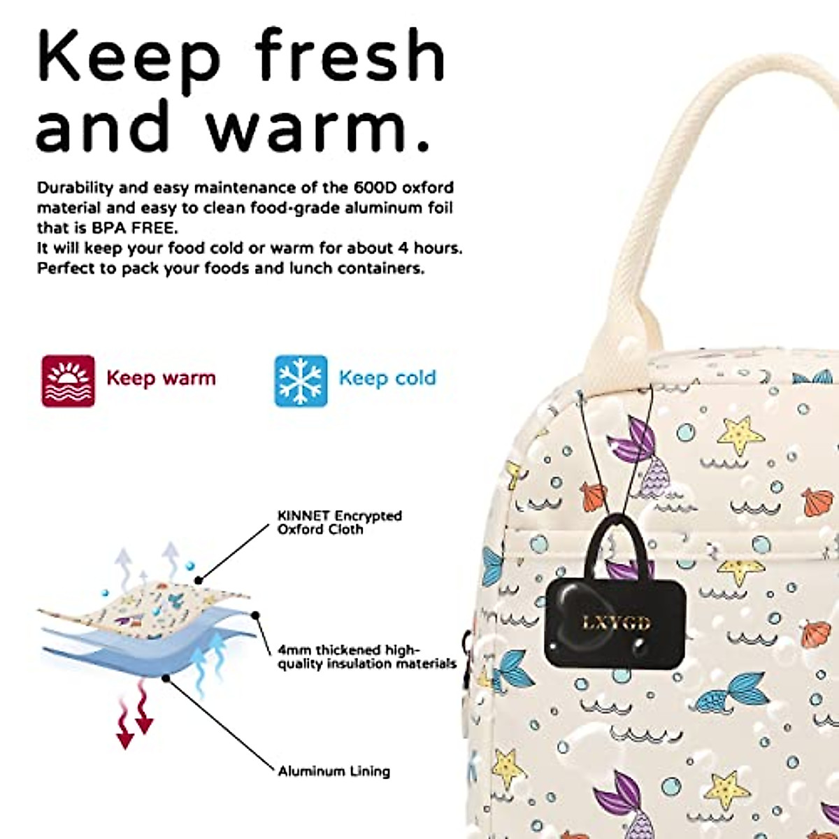 Lunch Bag Kids Girls Women Mermaid Lunchbag Cute Insulated Teens Cooler Tote Bag Reusable Adult Thermal Lunch Box for School Work Travel Picnic Hiking Beach (Beige)