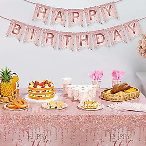 Roshtia 171 Pcs Pink Rose Gold Birthday Party Supplies Pink Birthday Tableware Set Rose Gold Party Plates and Napkin Tablecloths with Banner and Forks Knives Spoons Serve 24 Guest