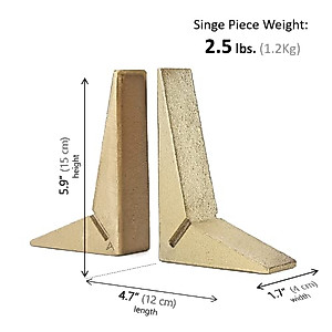 Cast Iron Geometric Decorative Bookends , Sharp Triangle Theme , Heavy Duty , Set of 2 Gold