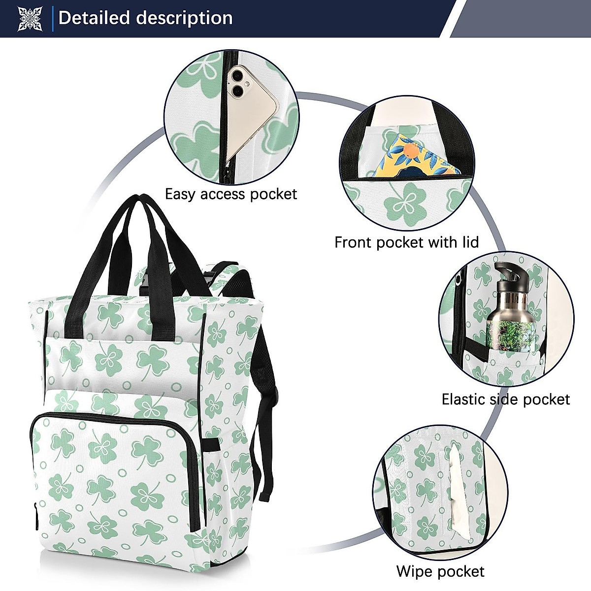 Jihqo Diaper Bag Backpack Saint Patrick's Day Clover Travel Diaper Bags for Women, 10L Functional Baby Changing Bag with Insulted Pockets, Stroller Straps