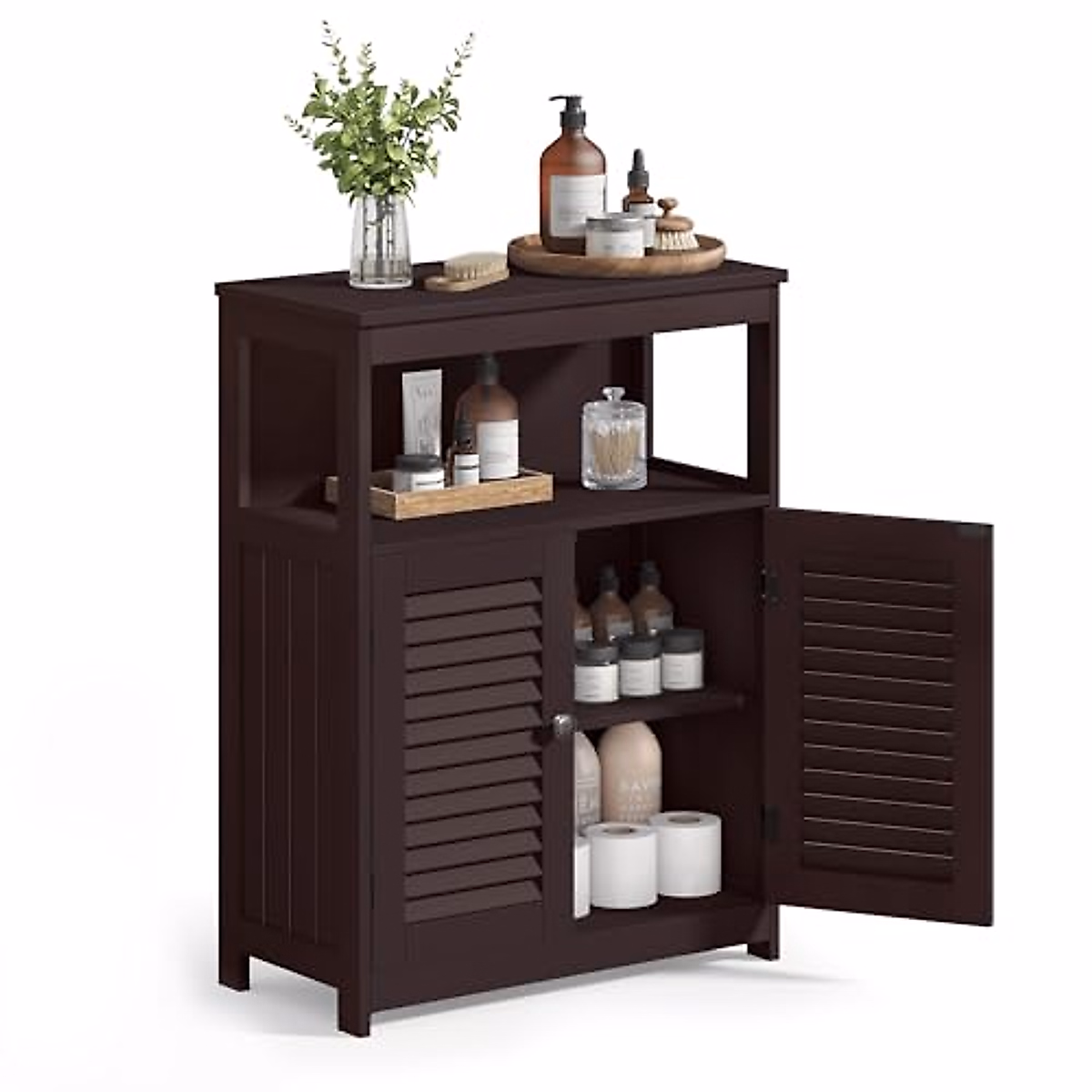 VASAGLE Bathroom Floor Cabinet, Freestanding Bathroom Storage Cabinet with Double Shutter Doors and Adjustable Shelf, for Living Room, Entryway, Kitchen, Brown UBBC40BR