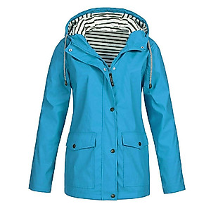 CapsA Women Womens Rain Jacket Outdoor Plus Jackets Waterproof Hooded Raincoat Windbreaker Striped Climbing Hiking Trench Coats