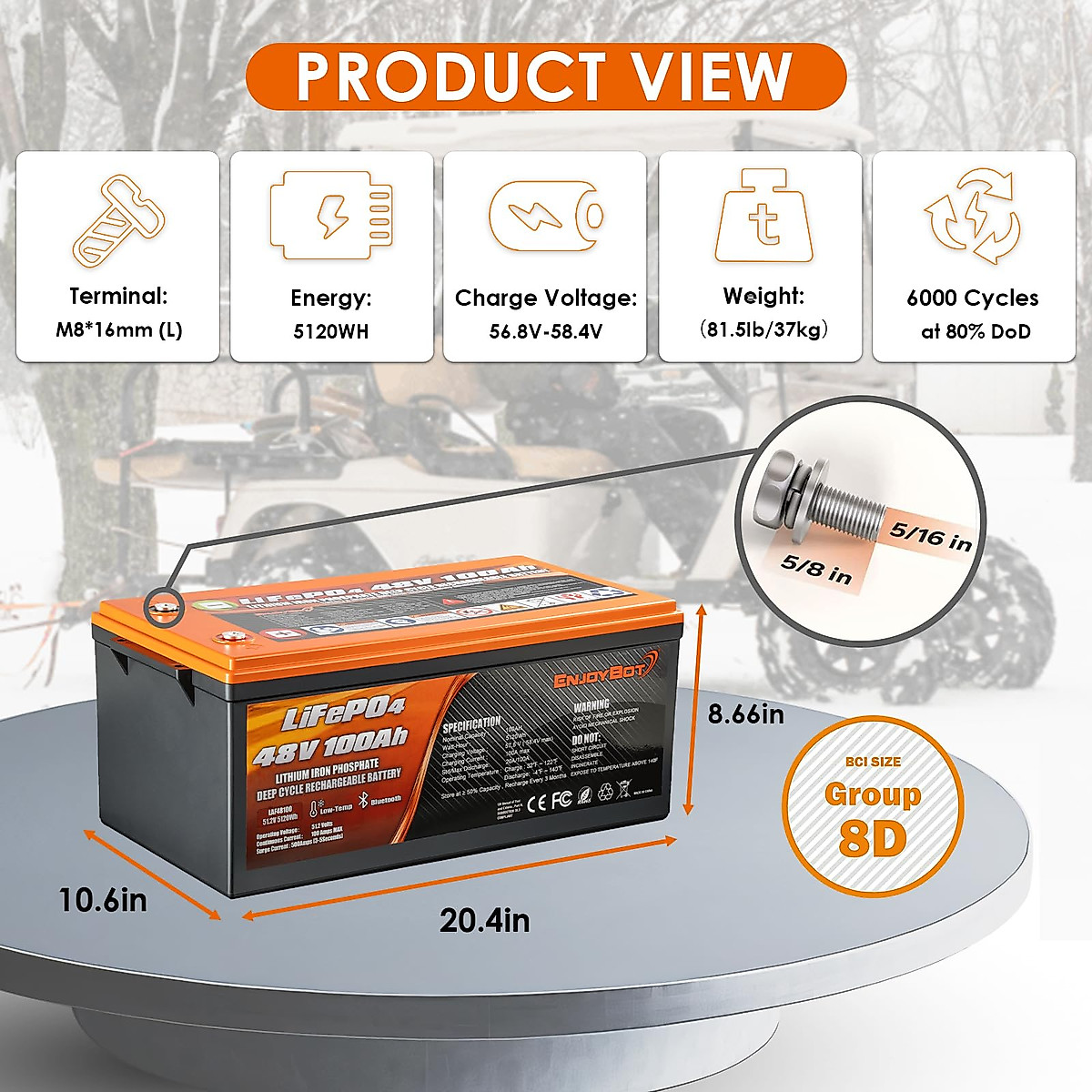 Enjoybot 48V 100Ah LiFePO4 Lithium Battery, Built-in 100A BMS and Bluetooth, Low Temperature Cut-Off Function and Peak Current 500A Perfect for Golf Cart Solar Off-Grid RV Camper, Home Energy Storage
