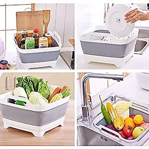 Dish Basin Collapsible with Drain Plug Carry Handles, Foldable Sink Tub, Dish Wash Basin, Portable Dish Tub, Collapsible Dishpan for Camping Dish Washing Tub and RV Sink (9.3L Capacity) (Grey)