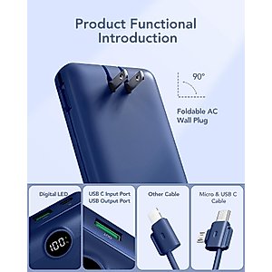 VRURC Portable Charger 20000mAh, Fast Charging Power Bank USB C,4 Output 2 Input Charging Bank Equipped with LED Display,Built-in Wall Plug and Cables,Cell Phone Replacement Battery,Blue