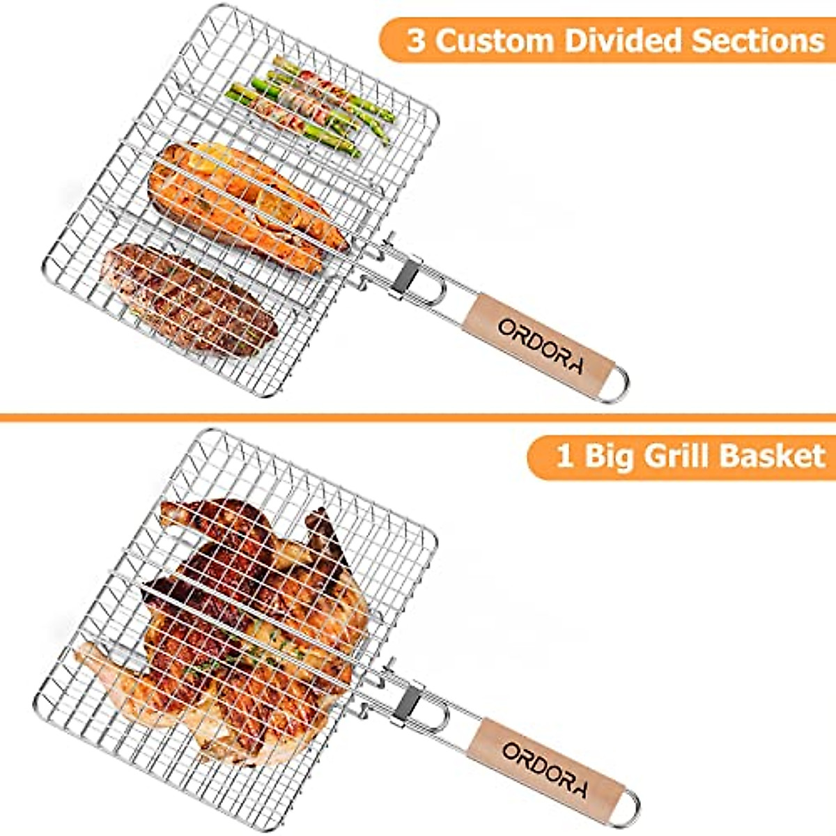 ORDORA Grill Basket, Fish Grill Basket, Rustproof Stainless Steel BBQ Grilling Basket for Meat,Steak, Shrimp, Vegetables, Chops, Heavy Duty Grill Basket Outdoor Grill Accessories