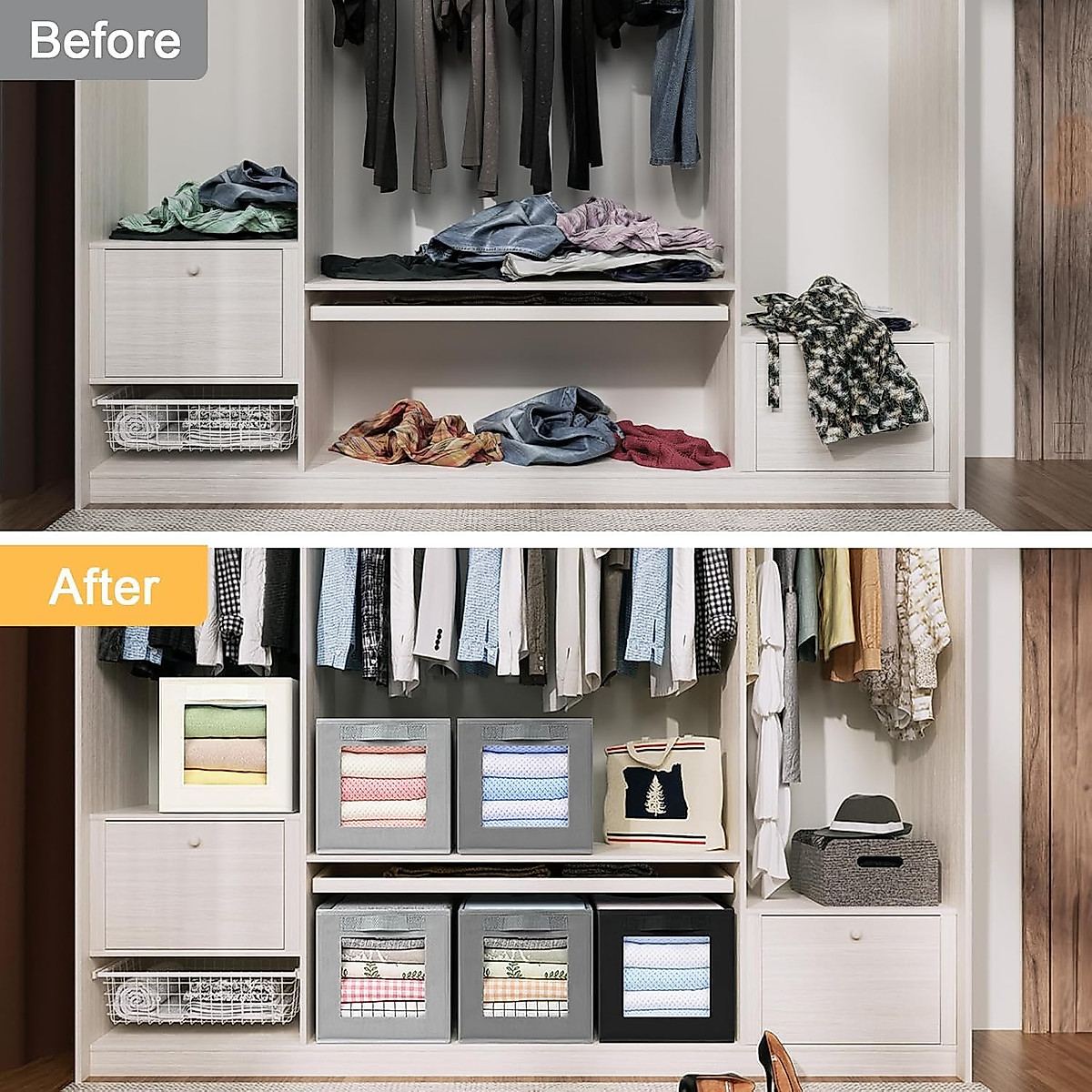 DIMJ Storage Cubes, Cube Storage Bin, Foldable Storage Cubes with Window, Closet Storage Bins with Handle, 13.3 x 9 x 9 inch Storage Cubes for Clothes, Toys, Books (Black, 8 cubs)