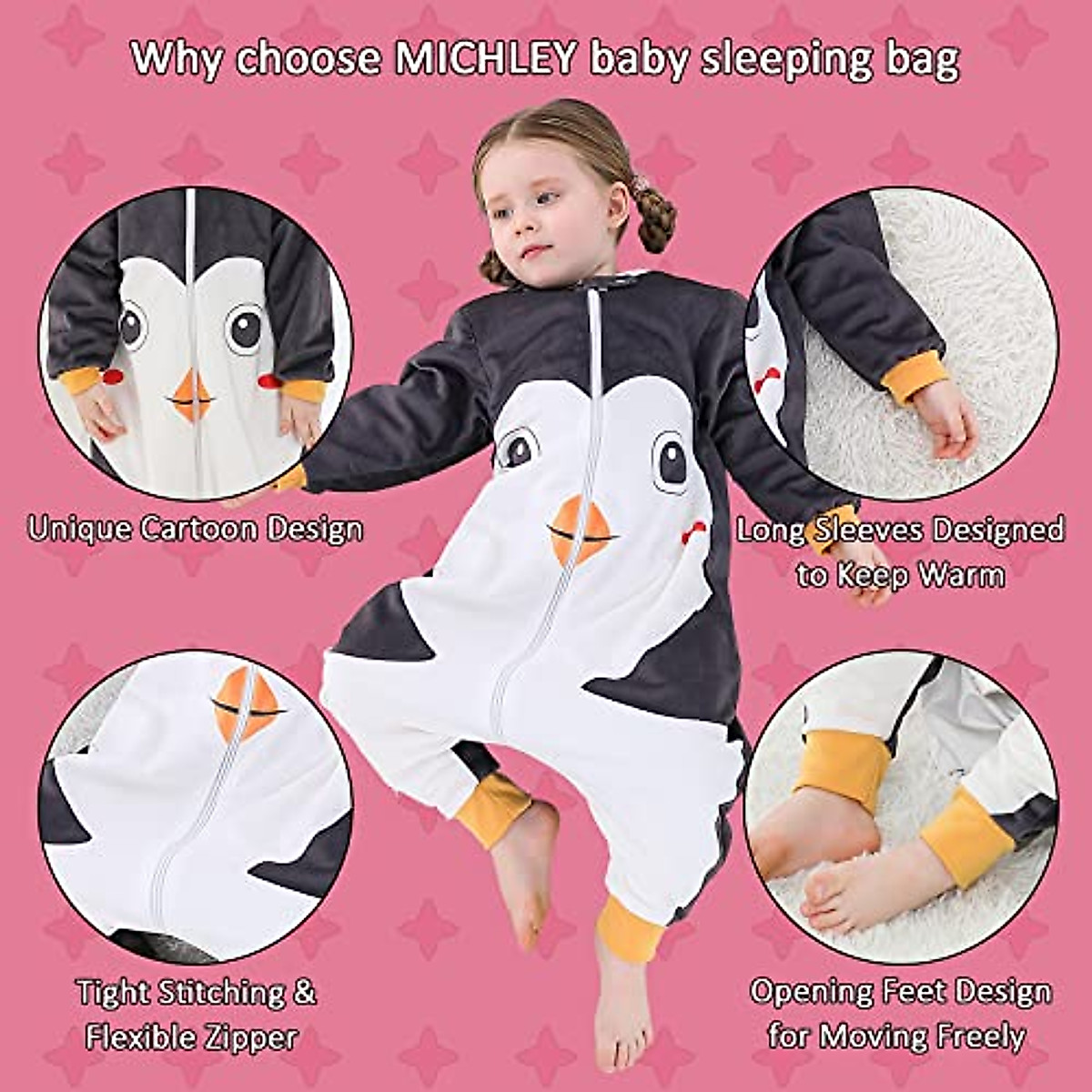 MICHLEY Baby Sleeping Bag Sack Long Sleeve with Feet Winter Swaddle Wearable Blanket for Boys Girls,Penguin,1-3Years