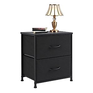 Classical Nightstand, 2 Drawer Dresser for Bedroom, Small Dresser with Metal Frame and Wood Top, Bedside Furniture, Night Stand, End Table with Fabric Bins for Bedroom, Closet (Black, 2-Drawers)