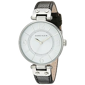 Anne Klein Women's 109169WTBK Silver-Tone and Black Leather Strap Watch