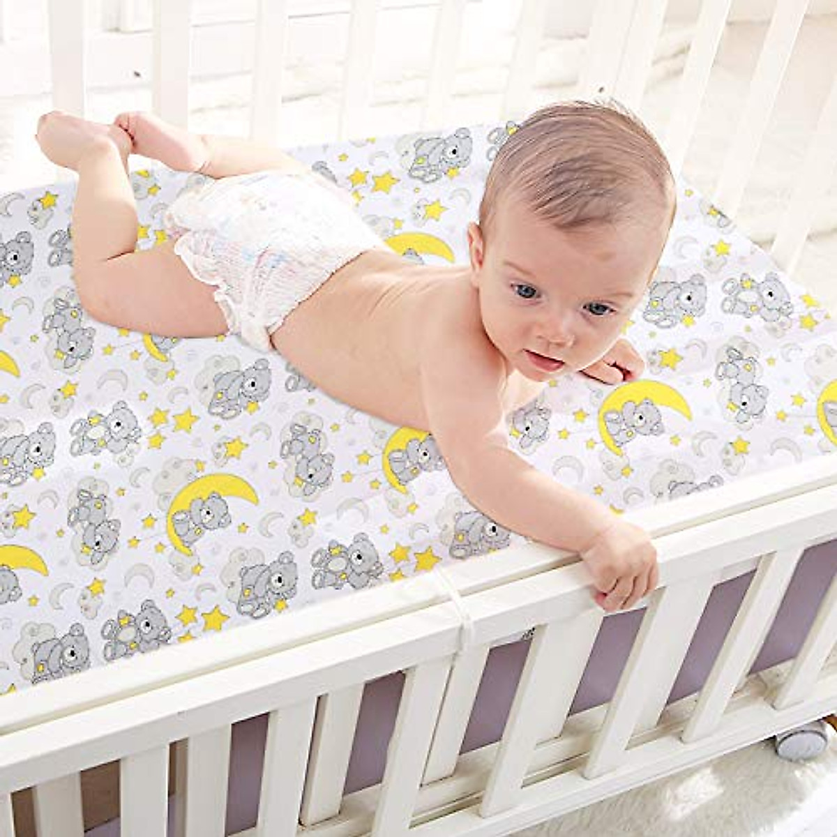 Organic Crib Sheets (2 Pack) - 100% Organic Jersey Cotton Fitted Crib Sheets for Standard Crib and Toddler Mattresses |Star and Bear Print | (Grey, Yellow, White)