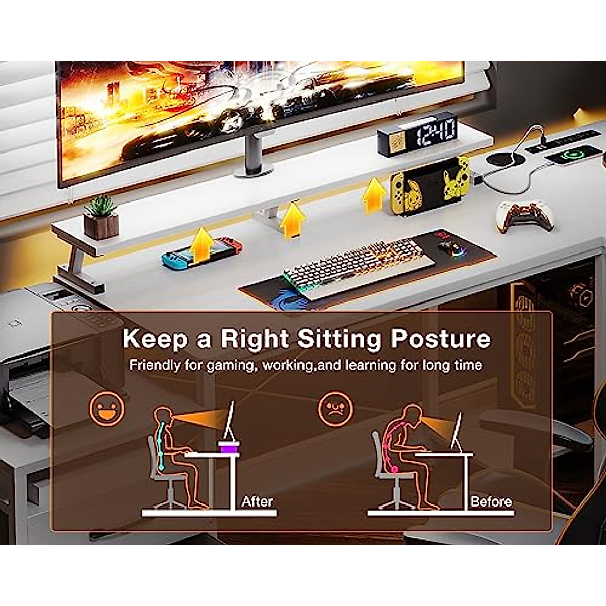 KKL Home Office Desk with File Drawer & 3 Power Outlets &2 USB Ports, 55'' L Shaped Desk with Storage Shelves, Printer Cabinet and Monitor Shelf, Computer Table Executive Desk Workstation, White