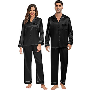 SWOMOG Couples Matching Pajamas Set Christmas Family Pajamas Long Sleeve Button Down Pj Set 2Pcs Festival Party Sleepwear Black