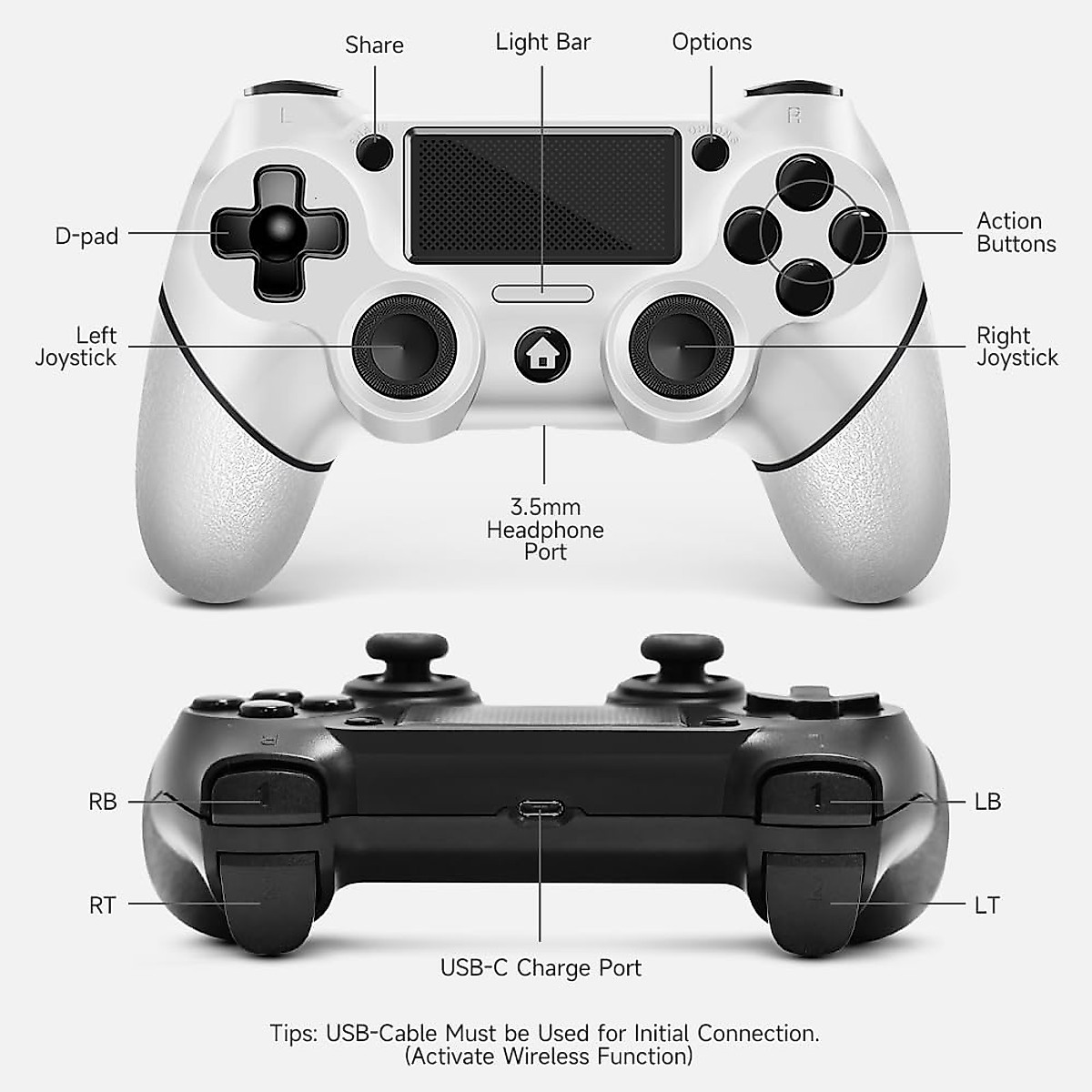 AceGamer 2 Pack for PS4 Controller, Wireless Controller for PS4/Pro/Slim/PC, with Non-Slip Grip of Both Sides and 2 USB-C Cable! (Black and White)