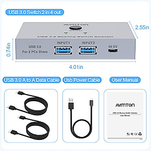 USB 3.0 Switch, AVMTON USB Switcher Selector 2 Computers Share 4 USB 3.0 Devices KVM Switcher Box for PC, Printer, Keyboard, Scanner, Mouse, One Button Control Metal Switch Adapter, 2 USB Cables