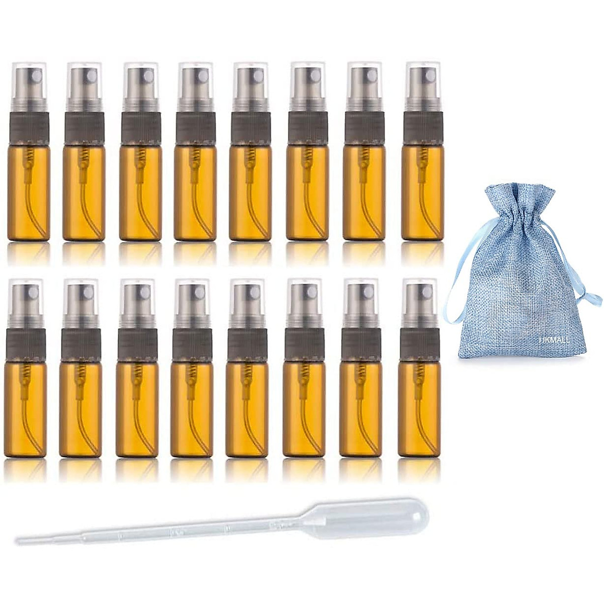 JJKMALL- 25pcs Brown Amber Fine Mist 5ml 1/6oz Atomizer Vial Glass bottle Spray Refillable Empty Sample Bottle gift Storage bag 3ML Pipette Dropper for Travel Party