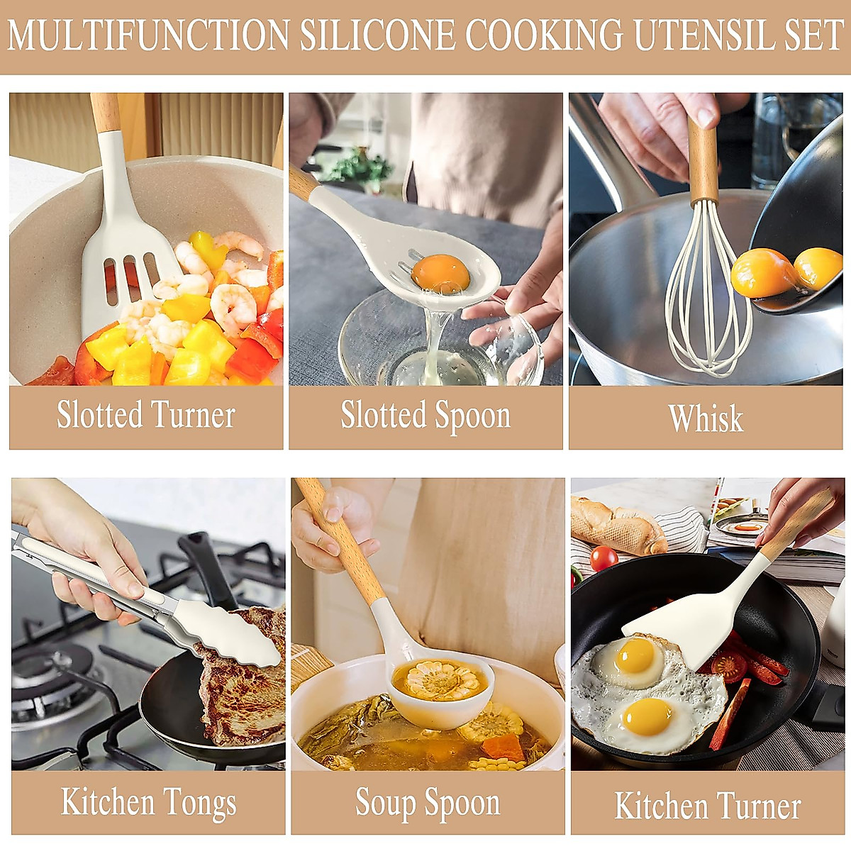 Umite Chef Kitchen Cooking Utensils Set, 33 pcs Non-stick Silicone Cooking Kitchen Utensils Spatula Set with Holder, Wooden Handle Silicone Kitchen Gadgets Utensil Set (Cream White)