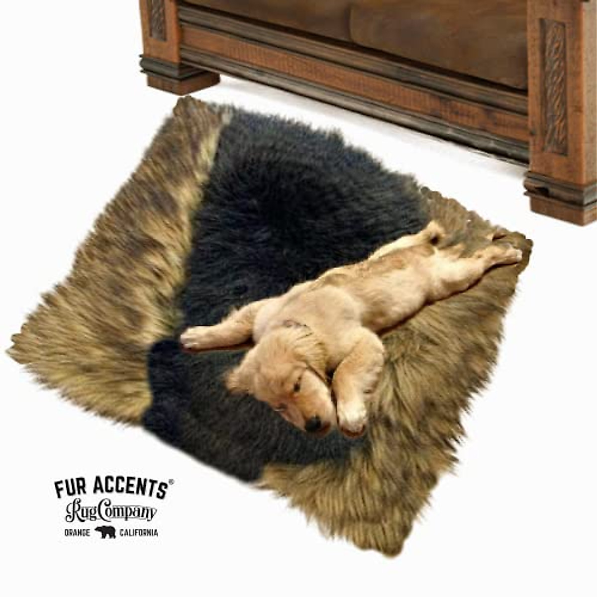 Fur Accents Shag Area Rug - Golden Brown Coyote, Wolf Edge, Dark Brown, White or Black Center - Luxury Soft Faux Fur Carpet - Sheepskin - Rectangle Accent Art Rug