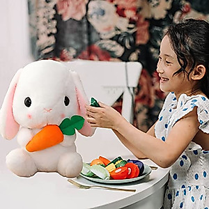 HOUPU Soft Toy - Sitting Lop Eared Rabbit, Easter White Rabbit Stuffed Bunny Animal with Carrot Soft Lovely Realistic Long-Eared Standing Pink Plush Toys (White-Carrot,8.6in/22cm)