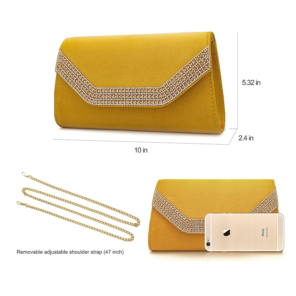 MYLONI Women Faux Suede Evening Bags Rhinestone Envelope Clutch Purse Cocktail Prom Handbag Wedding Purses Party Bag (Mustard Yellow)
