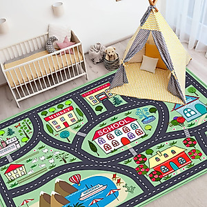 LTKOUGFAM kids Playmat Car Rug, Kids Play Rugs Town City Road Map Rug, Large Educational Kids Car Mat, Boys Kids Car Track Play Rug, Kids Rugs for Playroom Bedroom Living Room (Style 2, 78.7X 59 INCH)