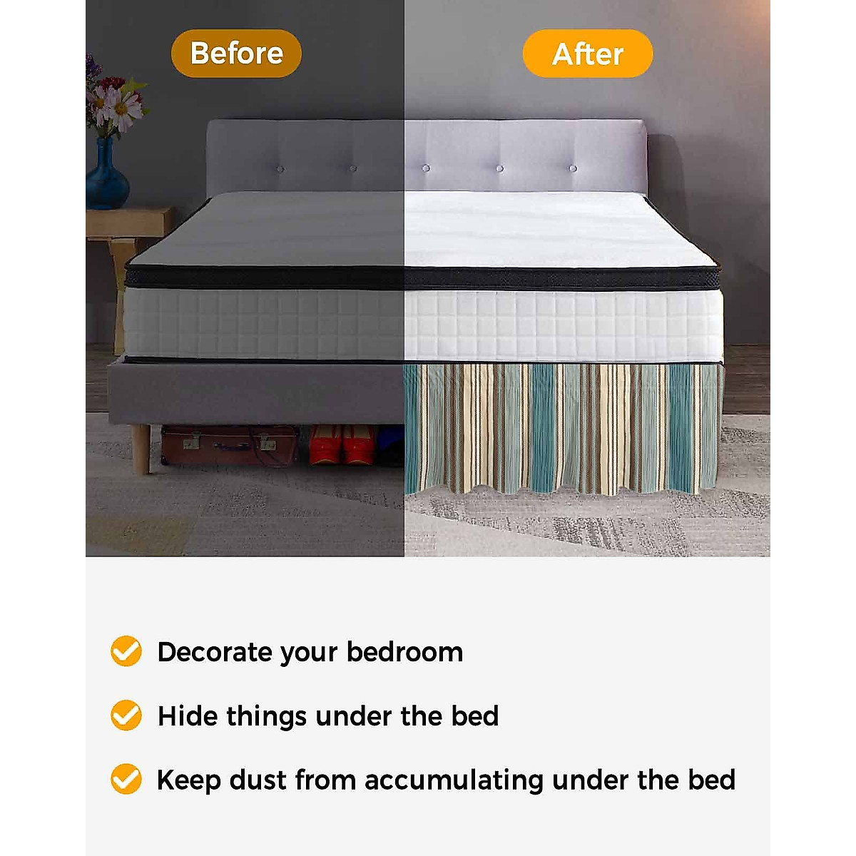 Teal Blue Green Striped Boho Bed Skirt Queen Size 18 Inch Drop,Adjustable & Elastic Wrap Around Bed Skirts Luxury Ruffles for Twin Full Queen Cal King Bed,Antique Southwestern Native Pattern Tribal