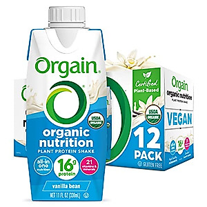 Orgain Organic Vegan Plant Based Nutritional Shake, Vanilla Bean - Meal Replacement, 16g Protein, 21 Vitamins & Minerals, Non Dairy, Gluten Free, Lactose Free, Kosher, Non-GMO, 11 Fl Oz (Pack of 12)