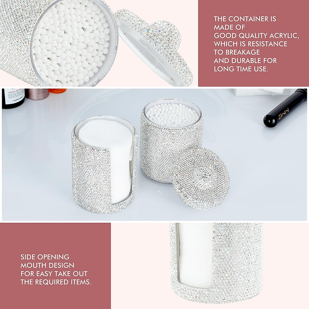 KEYPOWER Bling Rhinestone Cotton Ball Pad Swabs Make Up Pads Dispenser Holder Acrylic Jar with Lid Multi-function Organizer Container (White)
