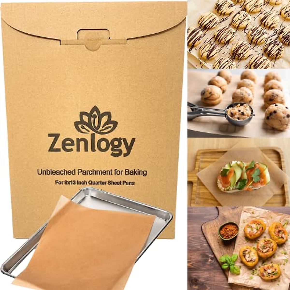 Zenlogy 9x13 Parchment Paper (100 sheets) - Unbleached, High Heat, Non-stick, Pre-cut Baking Paper for Quarter Sheet Pans - Great for Baking, Roasting, Wrapping, Dehydrator, and so much more
